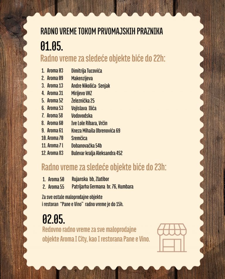 Radno vreme tokom Prvomajskih praznika | Aroma